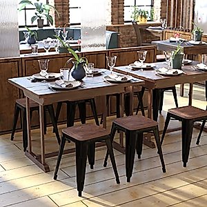 Flash Furniture Metal Dining Table Height Stool with Wooden Seat Set of 4 - Backless Black Commercial Grade Stool - 18" Stackable Dining Chairs