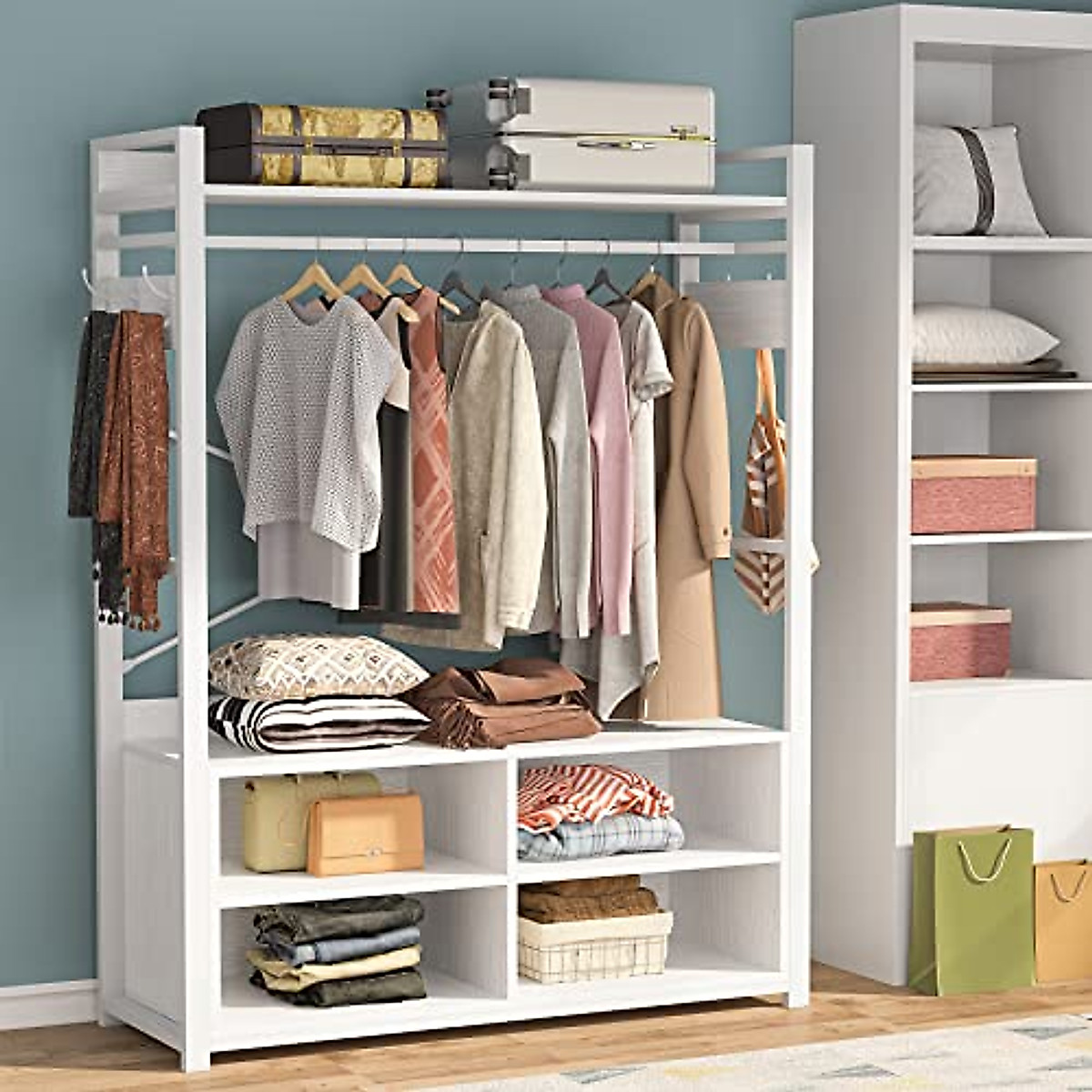 Tribesigns Free-standing Closet Clothing Rack, Metal Closet Organizer System with Shelves and Hooks, Heavy Duty Clothes Garment Rack Shelving for Bedroom, Laundry, Mushroom, Walk-in Closet (WHITE)