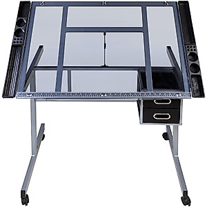 OneSpace Craft Station with Blue Glass Drafting, Silver