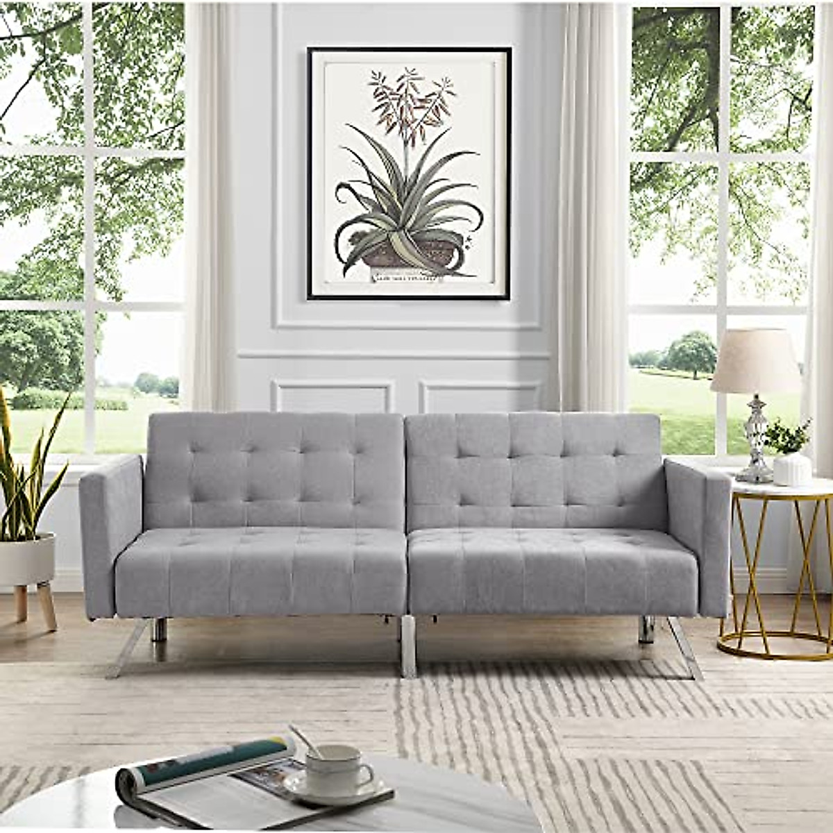 75"Convertible Folding Futon Sofa Bed,Split Back Design,Modern Fabric Sleeper Couch Bed with Armrest and Chrome Legs,Upholstered Recliner Loveseat for Living Room Apartment Dorms Office (Light Grey)