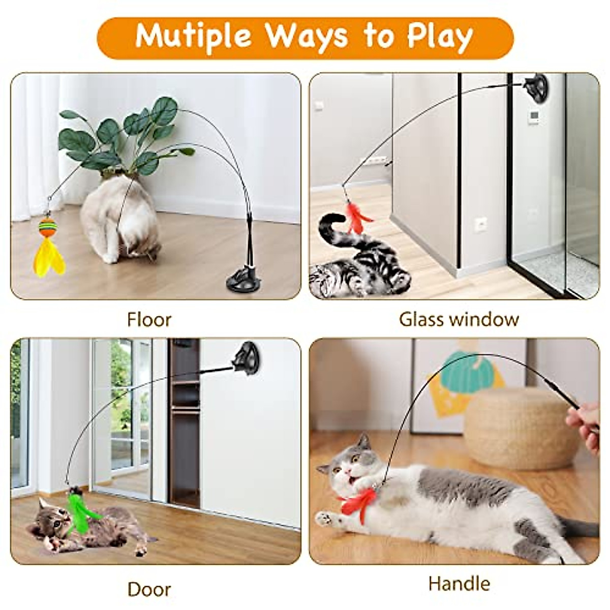 HOSFROLL Cat Toys Wand, Interactive Cat Toy with Super Suction Cup Sticky Detachable 12 PCS Feather Replacements 2 Wands Cat Spring Feather Toys for Indoor Cats Kitten Toys (9 Toys Double Headed)