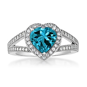 Gem Stone King 925 Sterling Silver London Blue Topaz and White Moissanite Ring For Women (2.86 Cttw, Gemstone November Birthstone, Heart Shape 8MM, Available In Size 5,6,7,8,9)