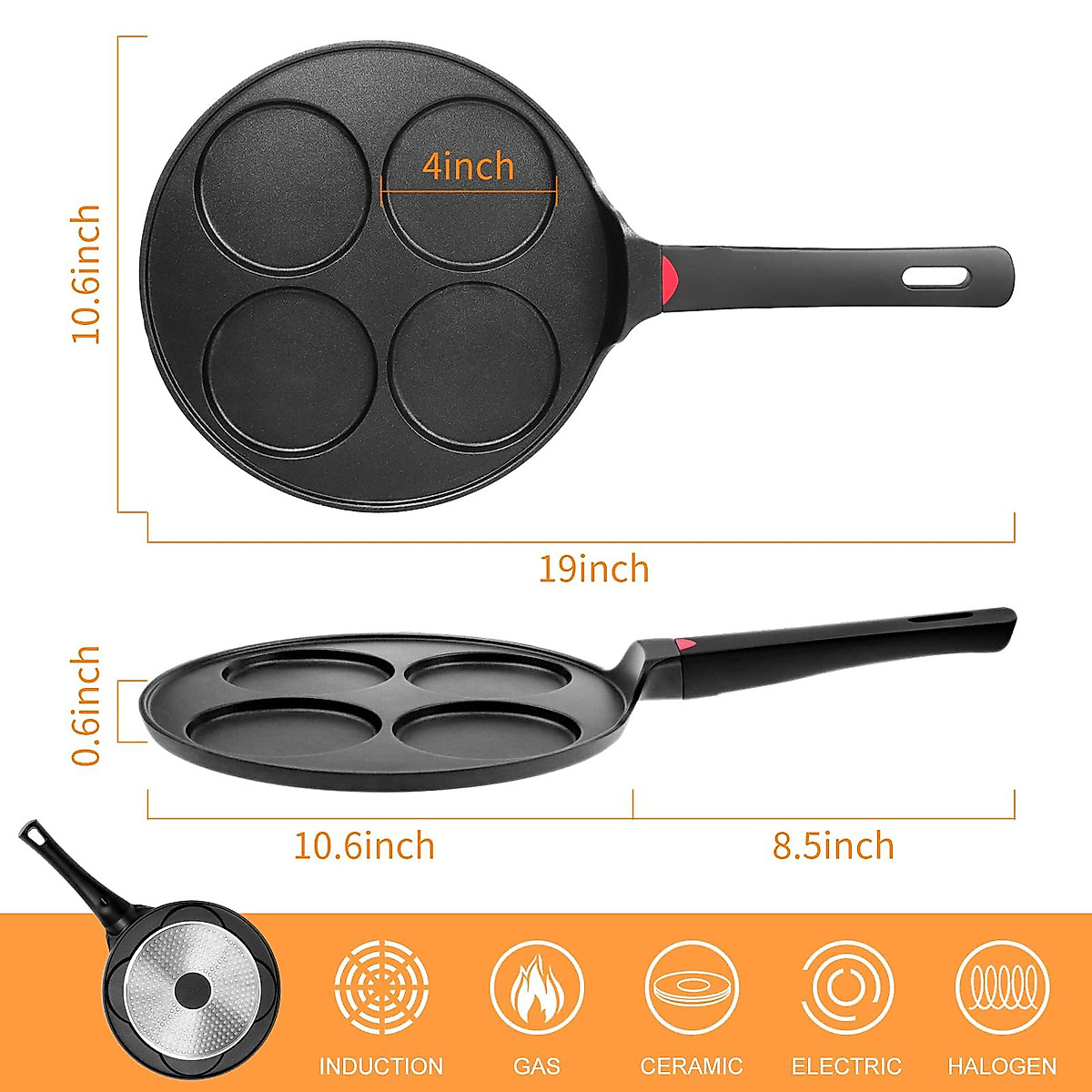 CAINFY Pancake Pan Nonstick-Suitable for All Stovetops & Induction Cooker, 10.5 Inch Mini Silver Dollar Grill Blini Griddle Crepe Pan, 4 Molds Cake Egg Skillet, 100% PFOA Free Coating