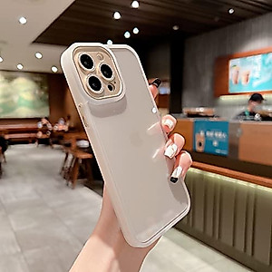 LeLeYun for iPhone 14 Pro Max Case with Metal Bling Camera Lens Cover Cute Sparkly Diamond Slim Clear Back & Matte Bumper Silicone Shockproof Protective Case for Girls and Women - Gold