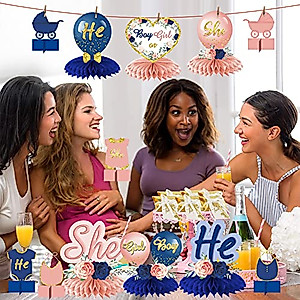 12 Pieces Gender Reveal Decorations Honeycomb Centerpieces Boy or Girl Table Toppers, He or She Gender Reveal Theme Honeycomb Party Supplies, Navy Blush Pregnancy Announcement Baby Shower Party Décor