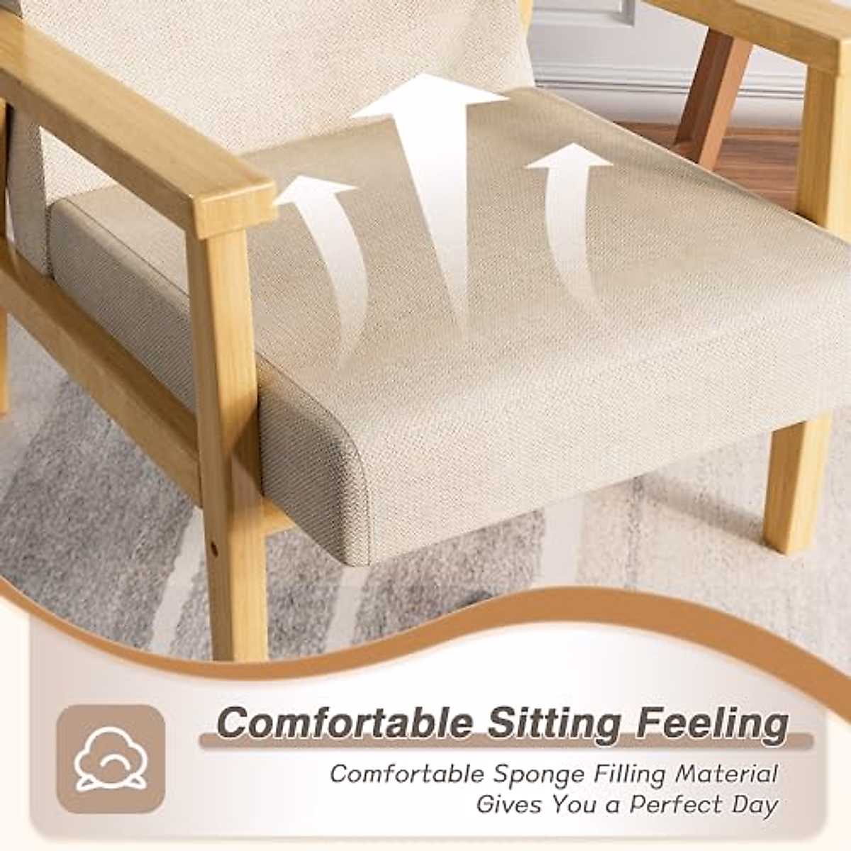 YESHOMY Mid-Century Modern Accent Chair with Solid Wood Frame and Thick Cushion for Living Room, Bedroom, Home Office, Set of 1, Beige