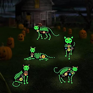 Halloween Decorations Outdoor Yard Signs, 5 Pcs Glow in the Dark Skeleton Cat, Halloween Yard Signs with Stakes for Lawn Garden Front Yard Decorations - Halloween Decor Outside