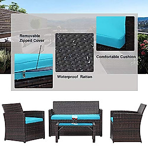 Saemoza 4 Pieces Outdoor Patio Furniture Set, Outdoor Wicker Rattan Patio Furniture with Tempered Glass Tabletop Clearance（Blue）