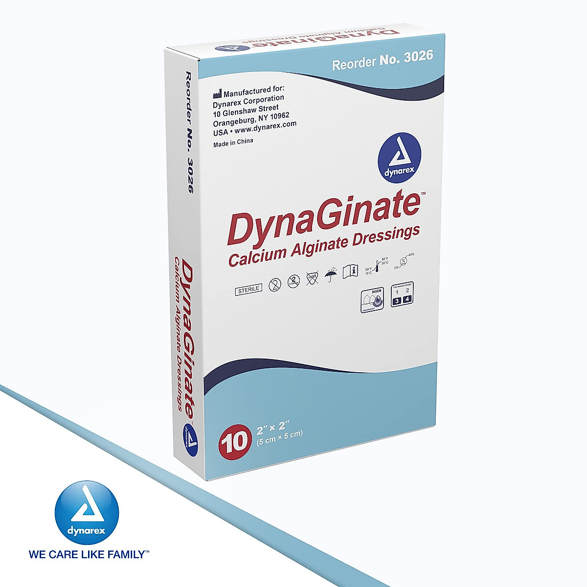 Dynarex DynaGinate Calcium Alginate Wound Dressing - Sterile, Non-Stick Topical Wound Pads - Absorbent Gel Patches for Moderate to High Exuding Cuts - for Medical & Home Use - 2"x 2", Box of 10