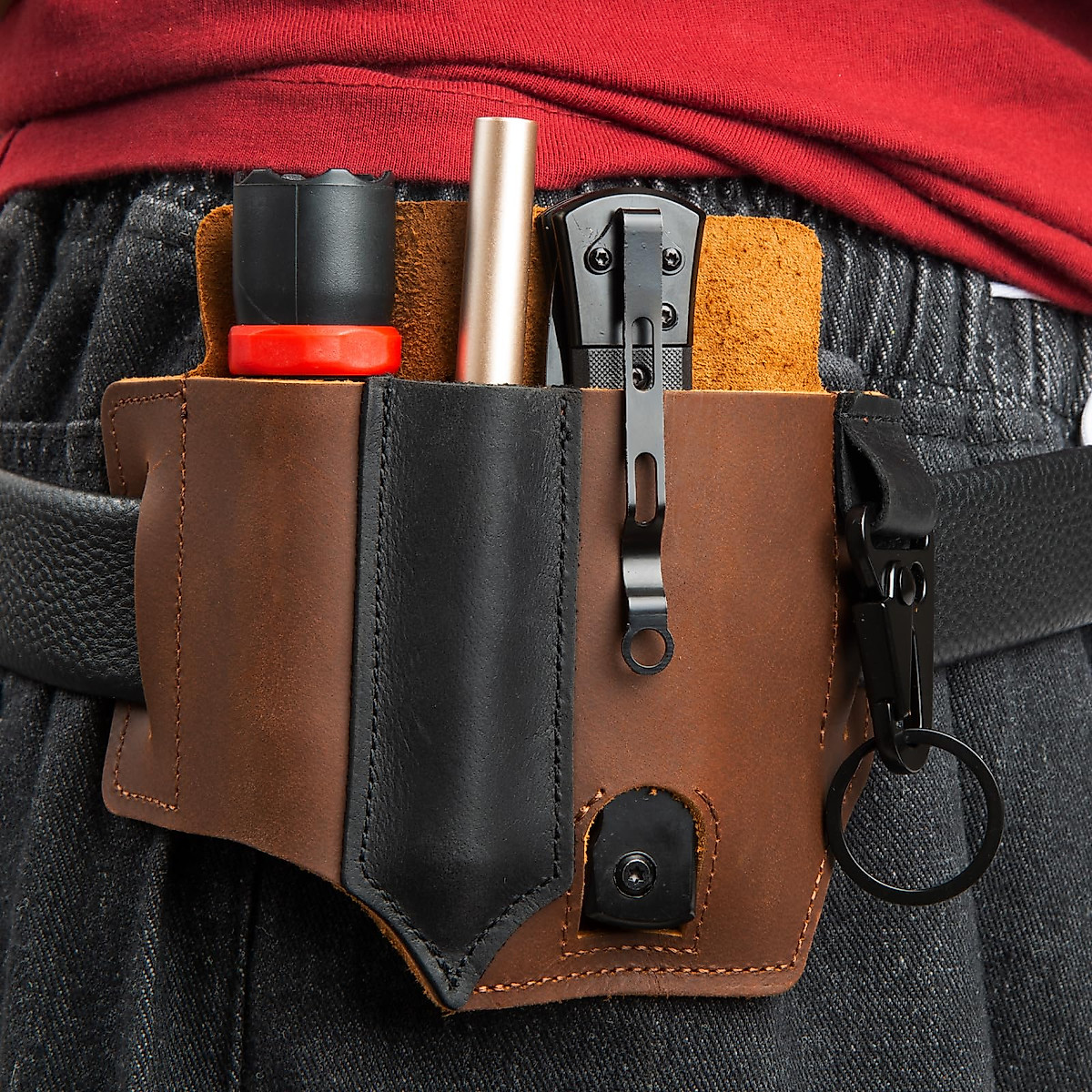 Intotal Multitool Sheath for Belt, EDC Leather Sheath,Brown Leather Belt Pouch for Work and Daily Use,Multi-Kit Gifts for Men, Belt Organizer for Pen Holder/Key Fob/Flashlight Sheath