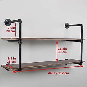 Womio Industrial Pipe Shelving Wall Mounted,Rustic Metal Floating Shelves,Steampunk Real Wood Book Shelves,Wall Shelf Unit Bookshelf Hanging Wall Shelves,Farmhouse Kitchen Bar Shelving(2 Tier,44in)