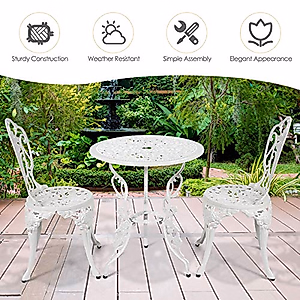 Giantex 3 Piece Bistro Set Cast Tulip Design Antique Outdoor Patio Furniture Weather Resistant Garden Round Table and Chairs w/Umbrella Hole
