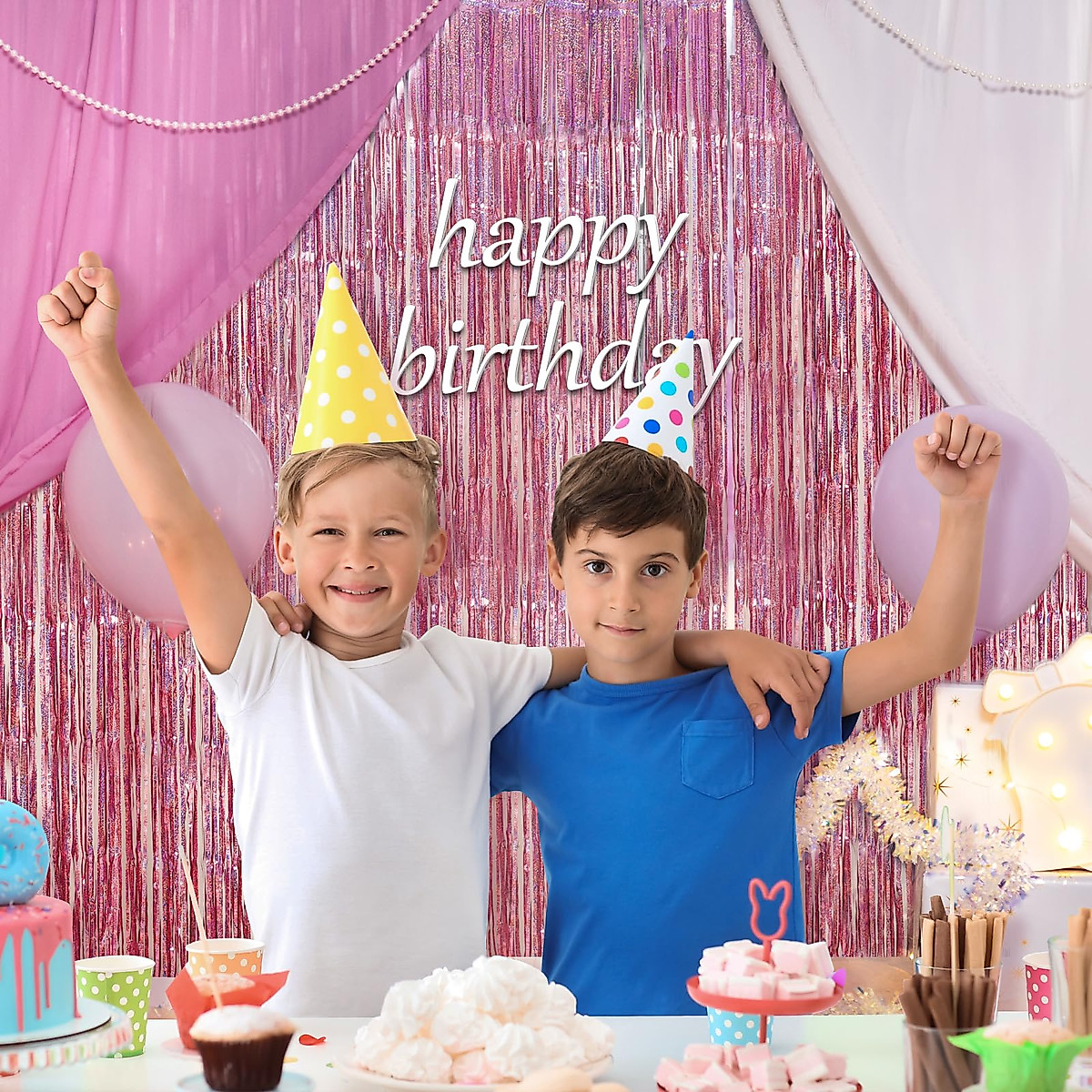 Accevo Pink Party Streamers 3Pack Glitter Foil Fringe Curtain 3.2ft x 8.2ft Pink Party Decor Photo Booth Streamers Metallic Tinsel Door Streamer for Valentines Day Decorations Christening Party Decor