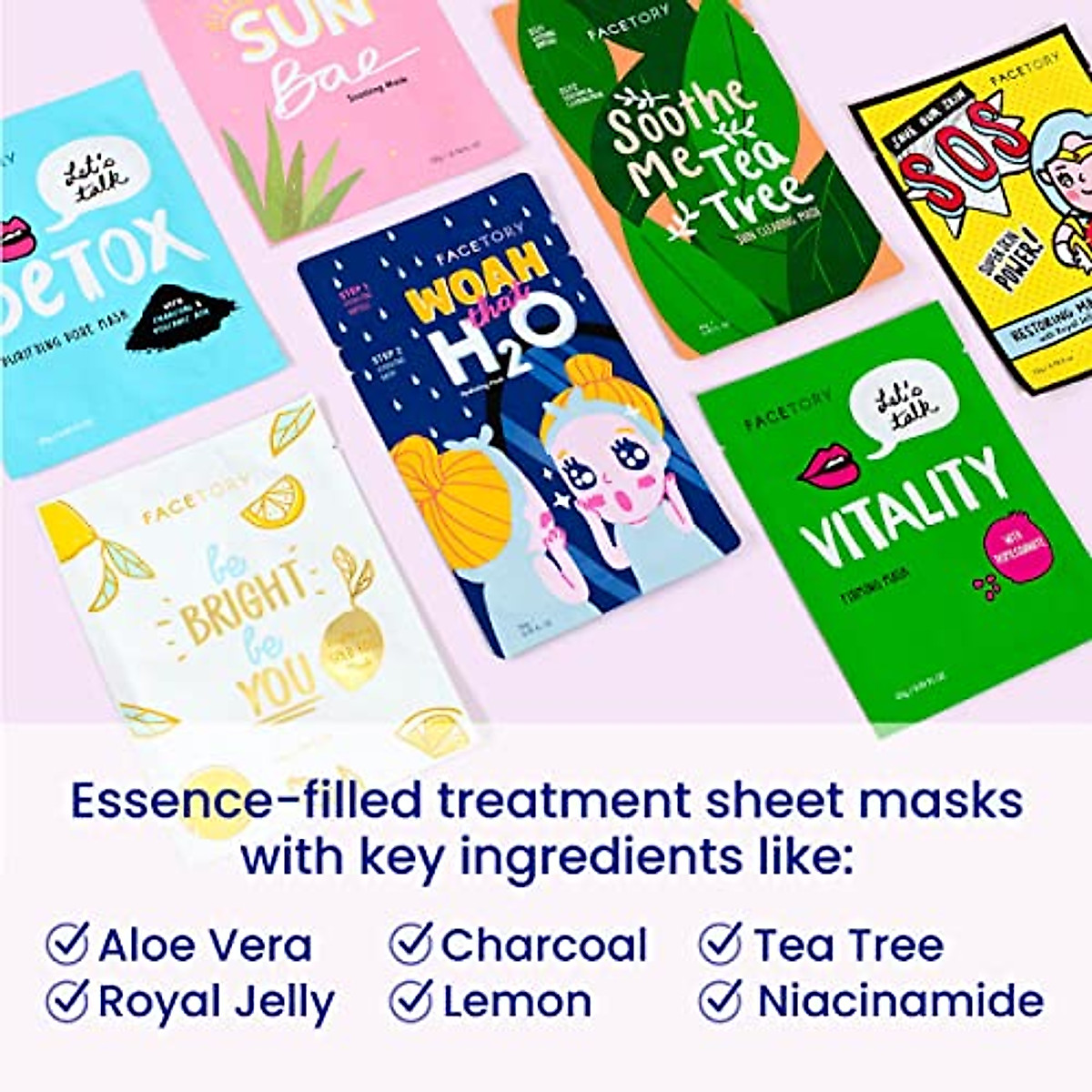 FACETORY Best of Seven Facial Masks Collection - Hydrate, Radiance Boost, Soothe, Revitalize, Nourish, Purify Skin - For All Skin Types, Variety Pack of 7 Sheet Masks