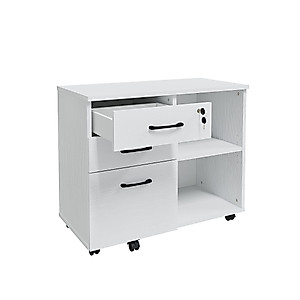 Gyger 3 Drawer File Cabinet for Home Office, Lateral Filing Cabinet with Open Storage Shelf, Mobile Lateral Printer Stand with Wheels and Storage，Wood File Cabinet with Lock(White)