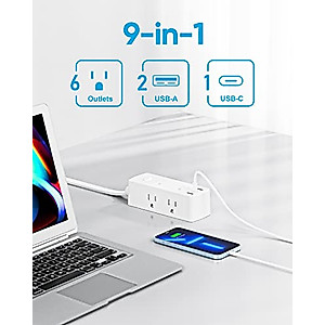 Cruise Essentials, Thin Plug Power Strip with 6 Outlets 3 USB Ports(1 USB C), 5ft Flat Extension Cord, Non Surge Power Strip for Cruise Ship Travel, Dorm Room Essentials