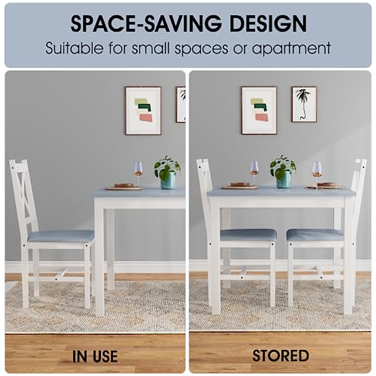Alohappy Dining Table Set for 2, 3 Piece Kitchen Table and Chairs Set Pine Wood Dining Table with 2 Upholstered Chairs for Small Space, Apartment, Space-Saving & Easy Assembly (Blue)