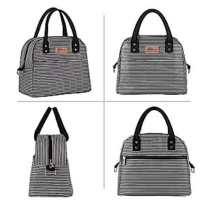 HOMESPON Reusable Insulated Lunch Bag Cooler Tote Box with Front Pocket Zipper Closure for Woman Man Work Picnic or Travel(Black and White Stripe with Shoulder)