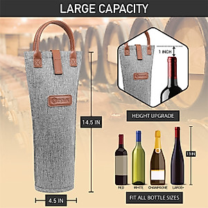 opux Wine Bag Single Bottle Carrier Tote, Insulated Travel Wine Cooler Bag for Picnic Beach Gift, Thermal Padded Portable One Bottle Holder Carrying Case for Women Men Wine Lovers, Heather Gray