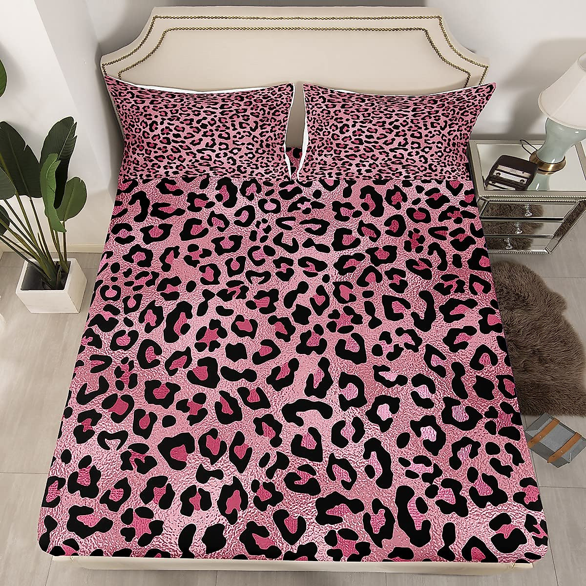 Pink Leopard Print Sheet Set Twin,Cheetah Bedding Set for Kids Teens Girls,Wild Animal Skin Texture Romantic Fashion Bed Sheet Set 3pcs with Deep Pocket Fitted Sheet + Flat Sheet + 1 Pillowcase