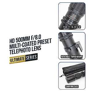 Ultimaxx 500mm f/8 Multi-Coated Telephoto Lens Kit for Canon EOS 80D,77D,70D,60D,60Da,50D,7D,7D II,6D,6D II,5D Mark II,III,IV,5DS,1DS,T7i,T7s,T7,T6s,T6i,T6,T5i,T5,T4i,SL2 & SL1 Digital SLR Cameras