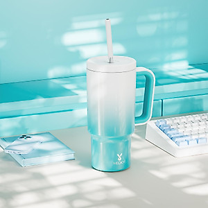 Meoky 24 oz Tumbler with Handle and Straw, 100% Leak-proof Tumbler with Lid and Straw, Insulated Stainless Steel Travel Coffee Mug, Keeps Cold for 24 Hours (Azure)