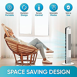 Comfort Zone CZTF421RWT 42" Oscillating Tower fan with Remote Control, Easy-to-Use Touch Screen with LED Display, 3-Speed Settings, 7-Hour Timer, White