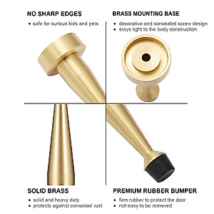 Solid Brass Door Stop, Decorative Door Stopper Wall Protector, Heavy Duty Door Stop with Rubber Bumper Tip for Wall Door Protection Sound Dampening, Brushed Gold Brass Plated