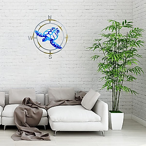 SVEIKS Sea Turtle Wall Art Decor, 15.75" Ocean Themed Round Metal Compass for Indoor Outdoor Living Room Bathroom Hallway Garden Deck