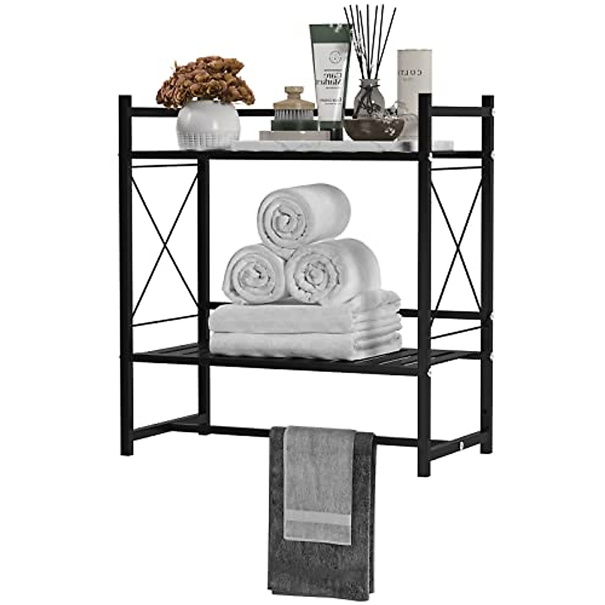 TZAMLI 2-Tier Towel Rack Wall Mounted Bathroom Shelves with Towel Bar, Floating Shelves Over Toilet, Metal Storage Shelf Shower Organizer, Black