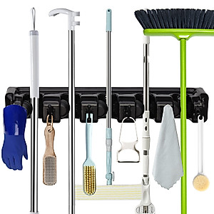 2 Pack Mop and Broom Holder, Wall Mounted Garden Tool Organizer, Ideal Broom Hanger Tool Rack Storage for Kitchen, Garage, Laundry Room - 5 Position 6 Hooks (Black)