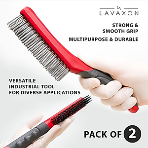 Lavaxon Wire Brush Set-Heavy Duty Stainless & Carbon Steel Bristles with Plastic Handle Grip for Rust, Wielding Slag, Dirt & Paint Scrubbing with Deep Cleaning – 10 Inches, Large (Pack of 2-Red)