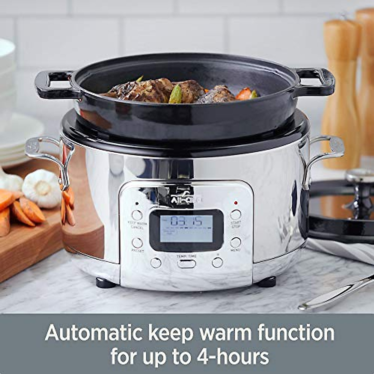 All-Clad Electrics Stainless Steel and Cast Iron Slow Cooker 5 Quart 7-in-1 Slow Cook High/Low, Braise, Sauté, Simmer, Manual, Keep Warm 1200 Watts Stove and Oven Safe Black Enamel Crock Insert