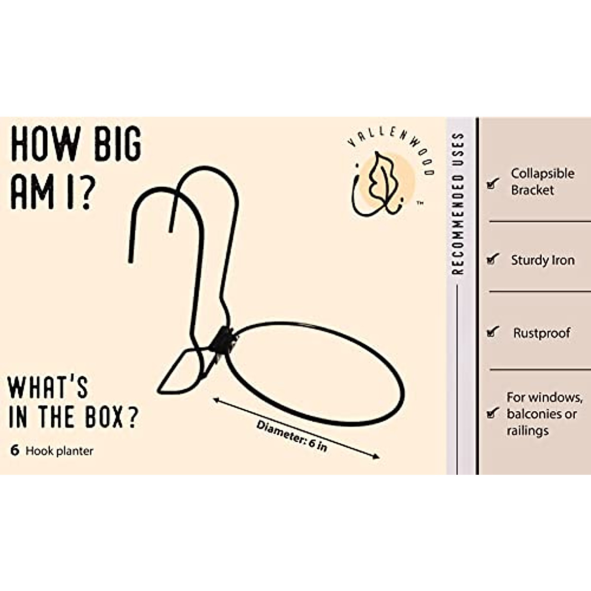 6 Pieces, 6 inches Iron hanging Flower Pot. Metal Plant Wall Hanger, Vertical Garden. Planter Hook Ring, Rail Metal Fence. Indoor and Outdoor. Yard Garden. Wire Trellis. Collapsible Bracket.