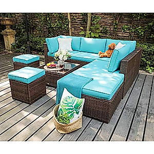OC Orange-Casual 8 Piece Patio Sofa Set Brown Wicker Sectional Sofa with Turquoise Seat Cushions & Tempered Glass Coffee Table & Ottomans…