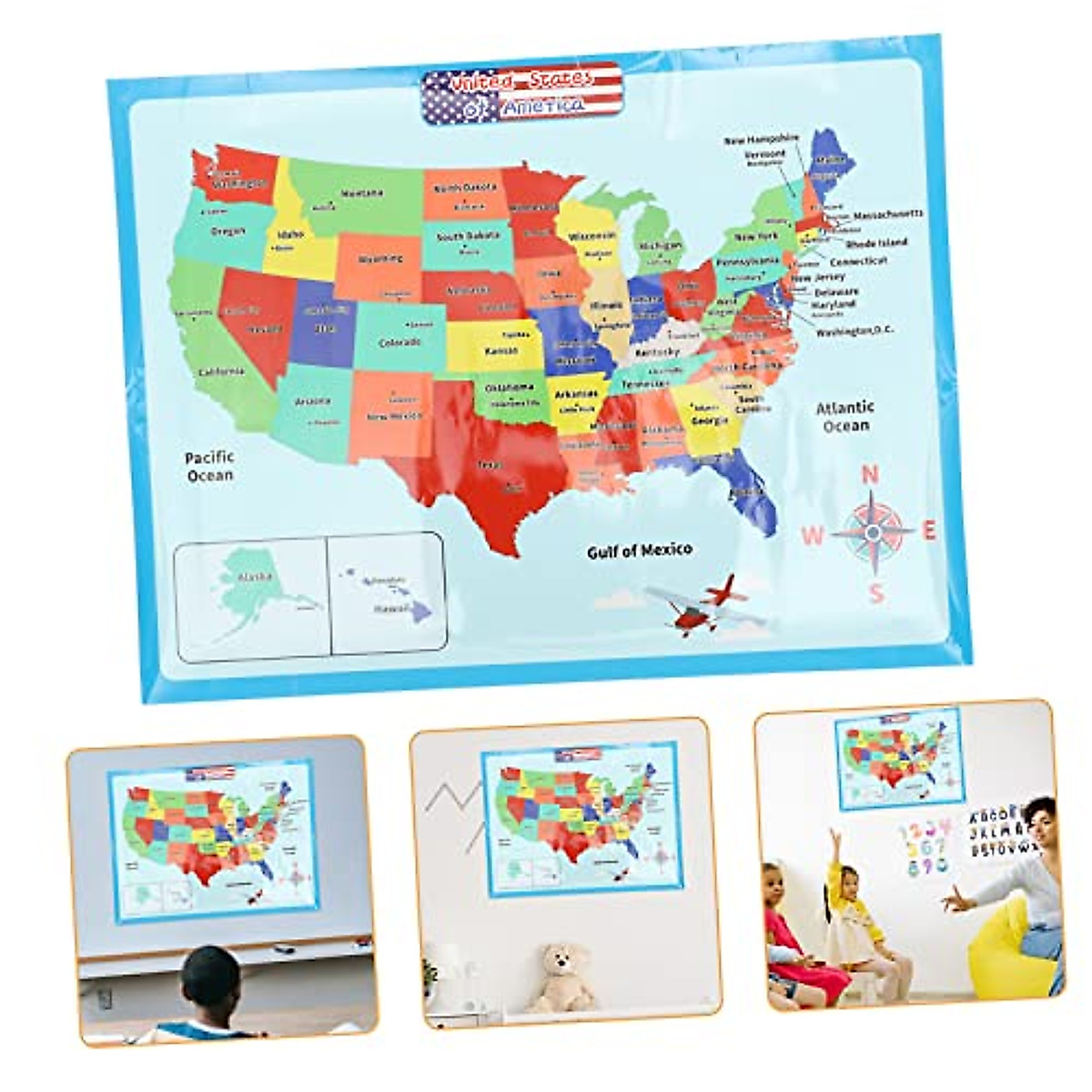 NUOBESTY Cognitive Learning Posters 4 Sheets United States map poster US map synthetic paper supply accessory accessories playroom decor accessory Cartoon hanging pictures