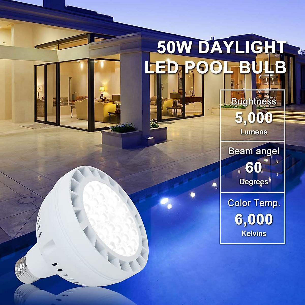 LED Pool Light for Inground Pool, 12V 50W 5000LM Daylight White Swimming Pool LED Light Bulb Replacement for 300~800W Traditional Bulb, Fit in for Pentair and Hayward Pool Light Fixtures