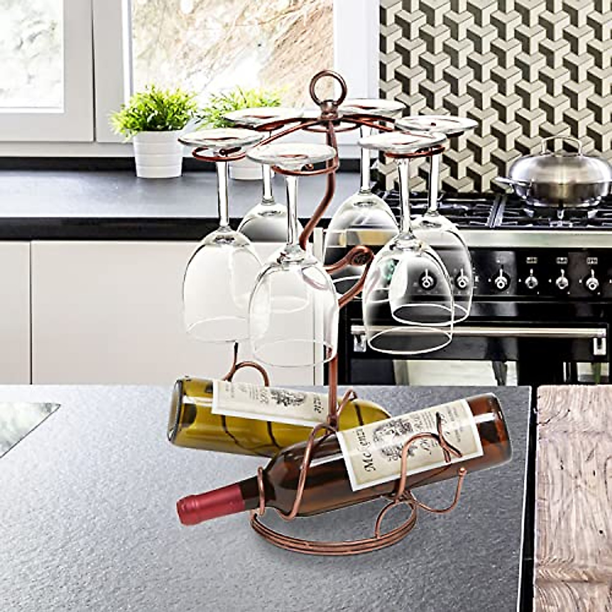 MyGift Bronze Metal Tabletop Wine Bottle Rack and Wine Glass Holder Stemware Display Stand