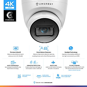 Amcrest UltraHD 4K (8MP) Outdoor Security IP Turret PoE Camera, 3840x2160, 98ft NightVision, 2.8mm Lens, IP67 Weatherproof, MicroSD Recording (256GB), White