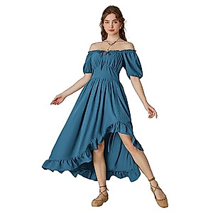 Renaissance Costume Women Cottagecore Dress Summer Off Shoulder Long Dress Blue L