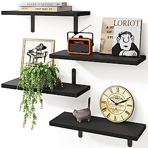 Fixwal Floating Shelves for Wall, 4 Sets Wall Shelves Farmhouse Wood Wall Shelf Wall Mounted Floating Shelves for Bedroom Decor, Bathroom Storage, Book Shelf for Wall - Black