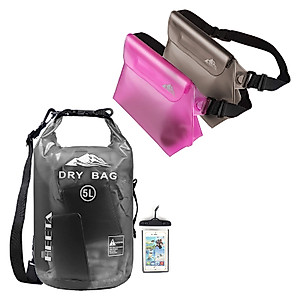 HEETA Waterproof Dry Bag for Women Men Transparent Black 5L Bundle with 2-Pack Waterproof Pouch with Waist Strap