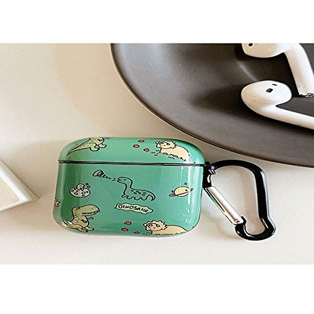 Rertnocnf Compatible with Earbuds Case Airpods Pro, Cute Dinosaur Family Pattern Anti-Scratch Shockproof Wireless Earphone Protector Keychain Green