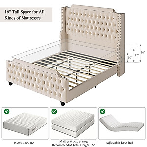 HOSTACK King Size Platform Bed Frame with 54" Tall Wingback Headboard & Deep Button Tufted Footboard, Velvet Upholstered Bed Frame with Handmade Pleats, Nailhead Trim, No Box Spring Needed, Cream