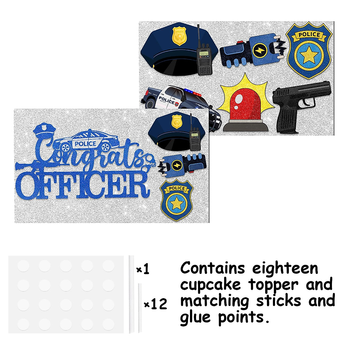 Blue Glitter 1pcs Cake Topper 12pcs Cupcake Topper Pick for Congrats Officer Policeman Theme Decor Supplies Boys Girls 2024 College Graduation Party Decorations