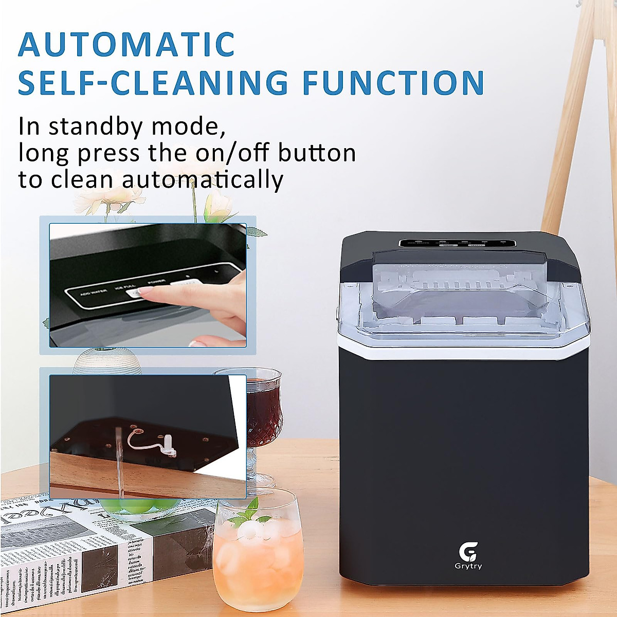 Ice Maker Countertop, 9 Cubes Ready in 6 Minutes, 26lbs in 24Hrs, Self-Cleaning Ice Machine with Ice Scoop and Basket, 2 Sizes of Bullet Ice for Home Kitchen Office Bar Party(Black)