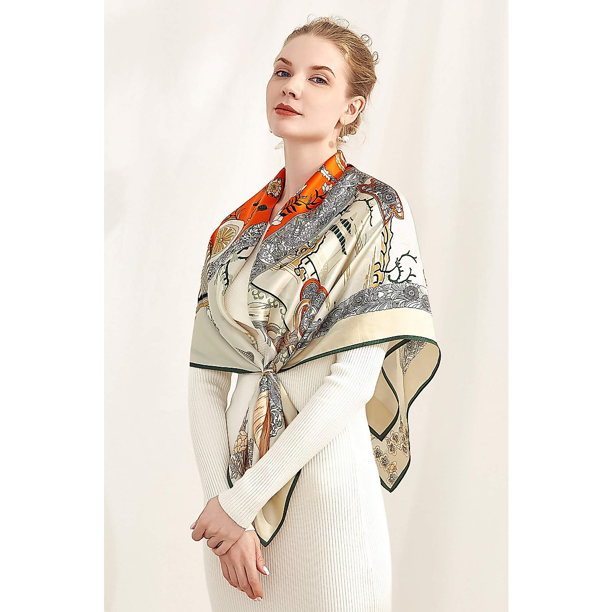 Grace Scarves 100% Silk Scarf, Extra-Large, Emperor's Phoenix, Ivory w Green Trim