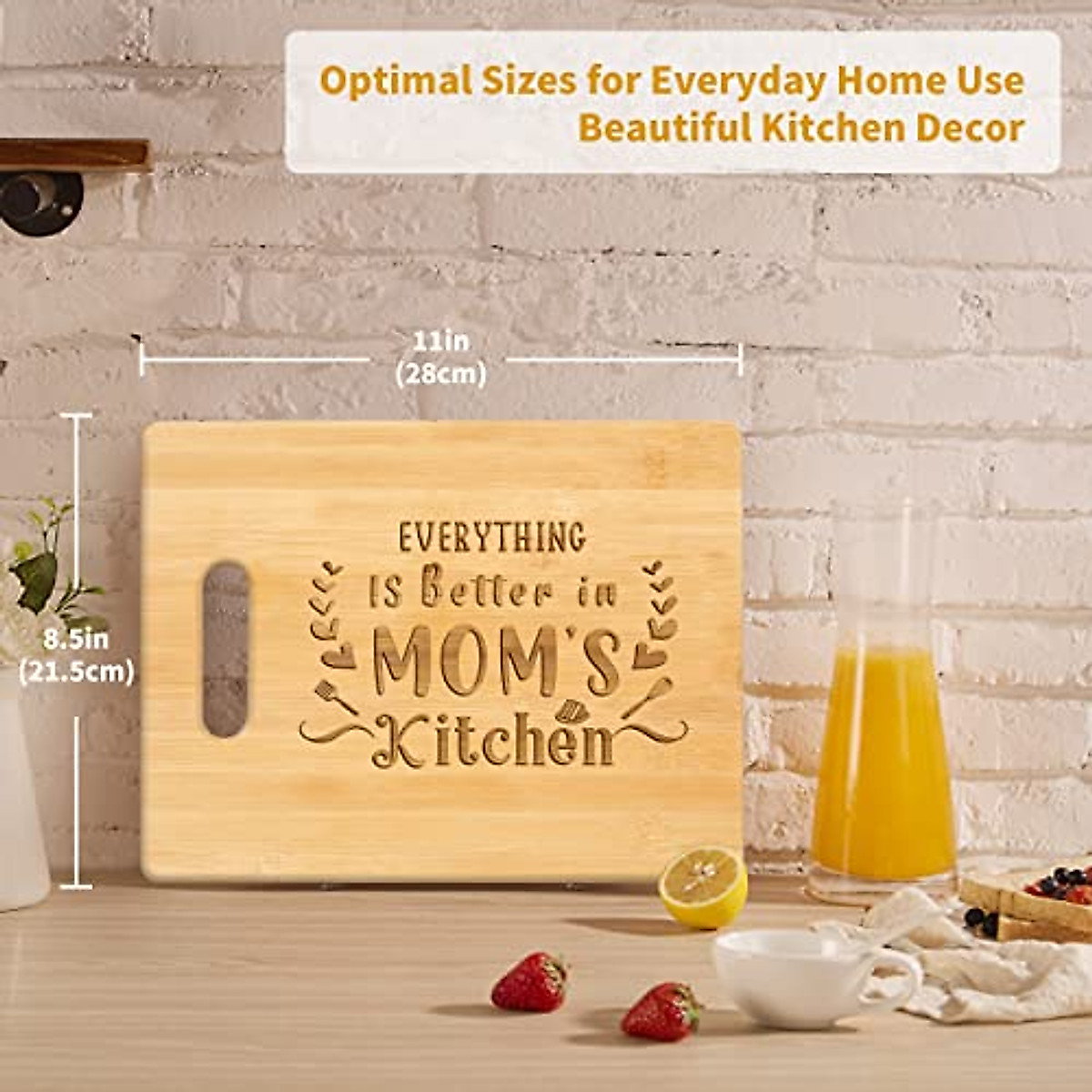 Pandasch Mothers Day Gifts for Mom, Unique Mom Birthday Gifts from Daughters Son - Personalized Engraved Bamboo Cutting Board for Mom with Warm Saying - Everything Is Better in Mom's Kitchen