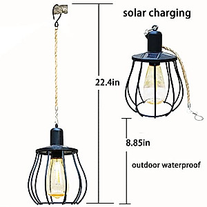 Hanging Solar Lights Outdoor - Hemp Rope Solar Powered Lantern Waterproof Retro Lanterns Lamps with Warm Light Edison Bulb for Patio,Yard,Garden and Pathway Decoration(Semicircle), Warm White