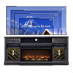 RedLemon Farmhouse Fireplace TV Stand for 85 Inch TV, 32” Tall Highboy Entertainment Center w/36” Electric Fireplace, Modern Media Console w/Drawers Storage for Living Room, Dark Rustic Oak